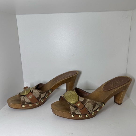Coach | Shoes | Coach Brown Gold Mules Heels With Studded Strap | Poshmark